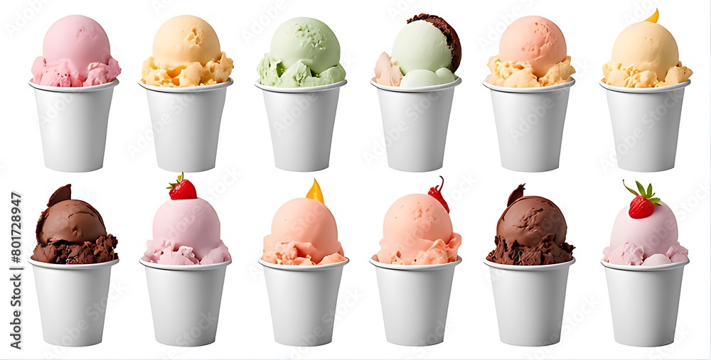 Set of Ice cream scoop on white blank empty paper cup bowl cutout. Many ...