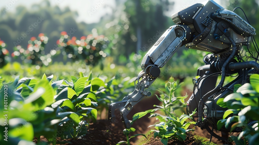 A robotic arm is harvesting crops in a field. The robot is using a ...