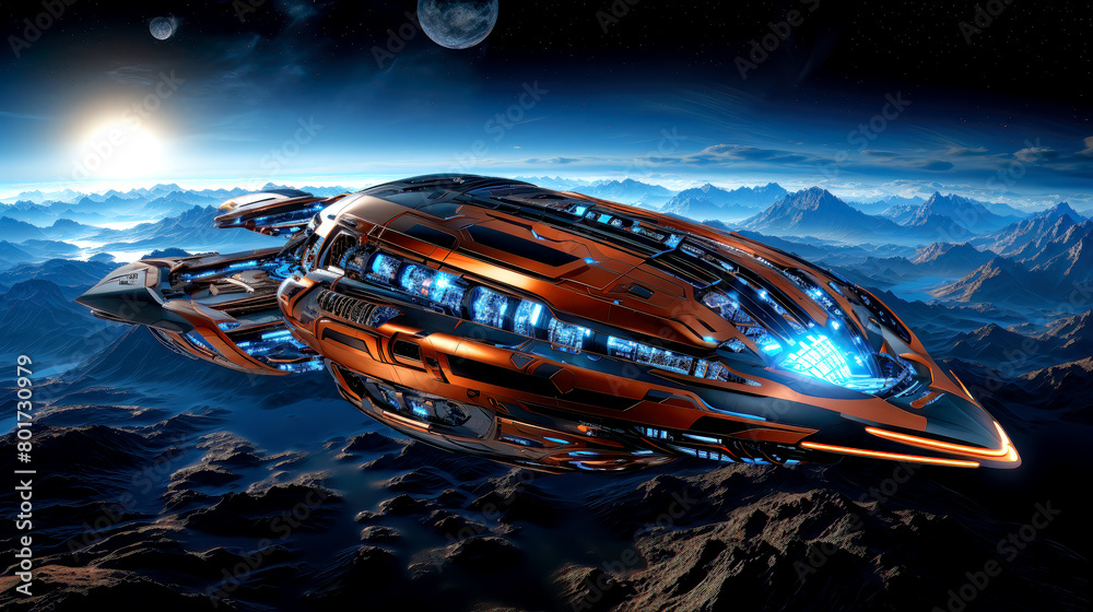 Futuristic science fiction spaceship in orbit over a rocky terrain ...