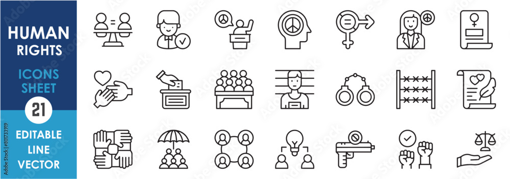 Set Human Rights line icon. Peace, woman right, child right, law ...