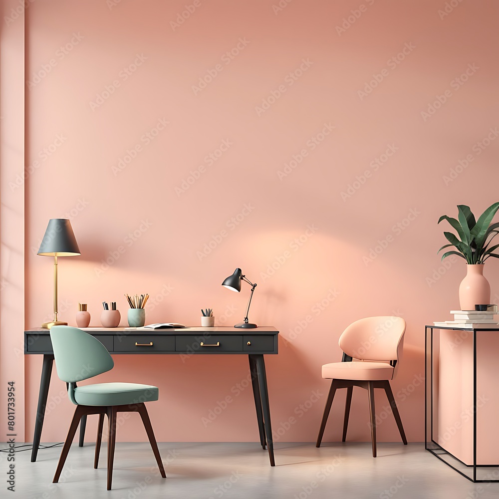 Workplace in Peach Fuzz 2025 color trend. Painted walls and rich ...