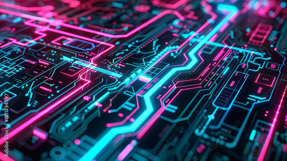 Futuristic neon motherboard with circuitry glow - The image features a close-up view of a ...