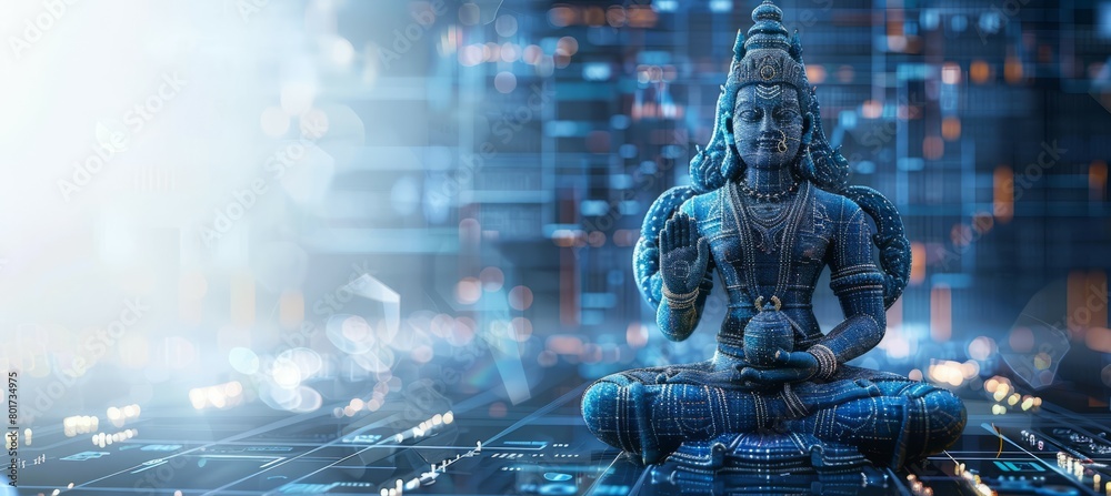 Shiva meditation pose statue on digital space background. Hinduism god ...