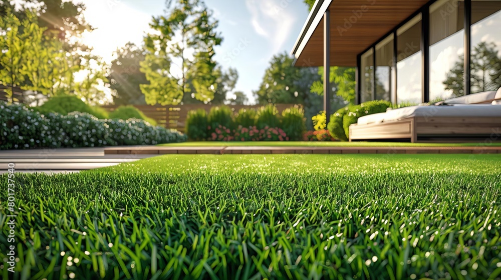 contemporary lawn turf with wooden edging in the front yard of a modern ...