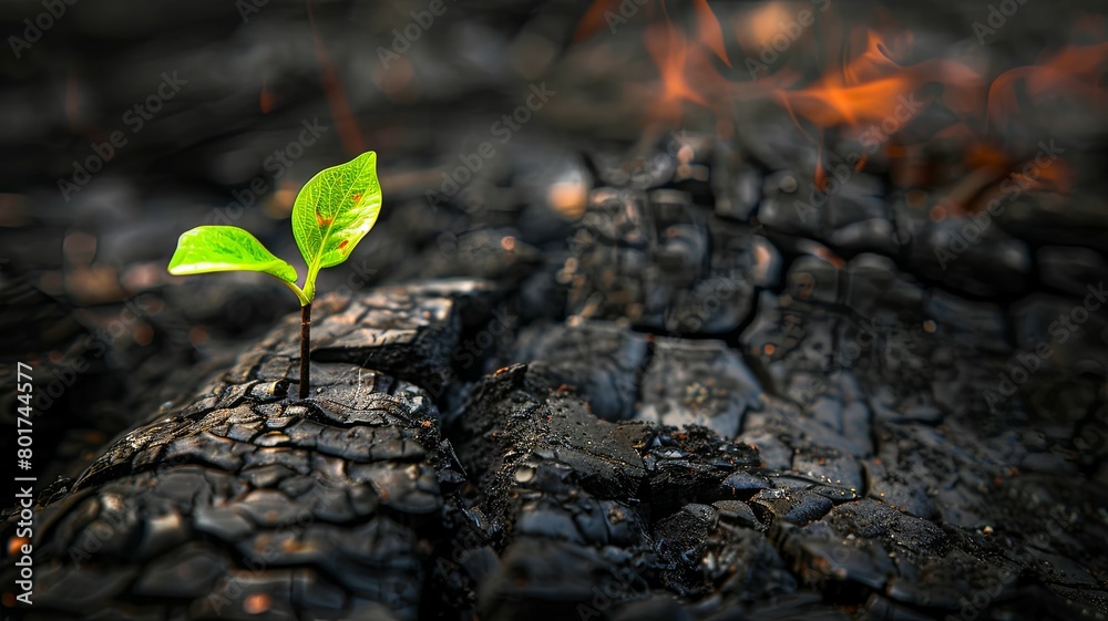 Seedling emerging from burnt landscape - Hopeful image of a green ...