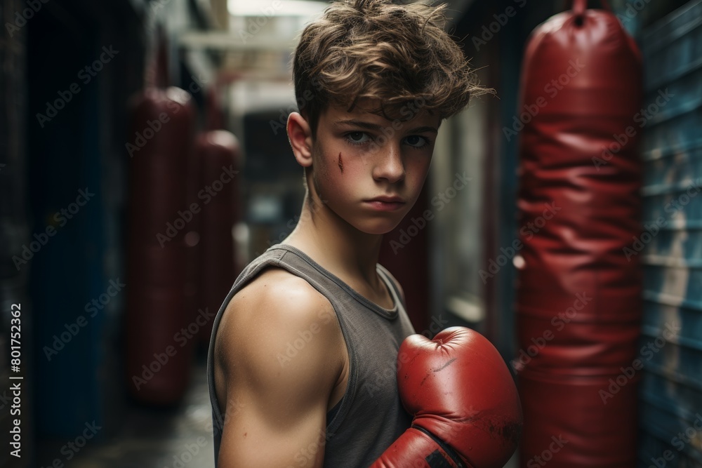 A Gritty Portrait of Determination: A Young Boxer Stands Proudly in ...