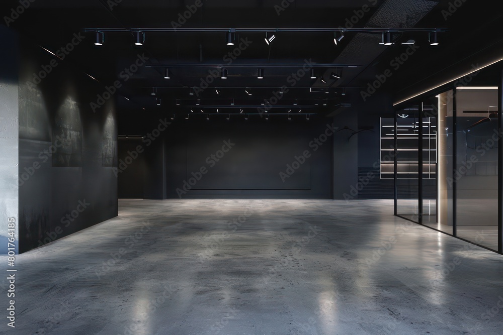 retail shop, concrete color floor, empty shop, black wall and ceiling ...