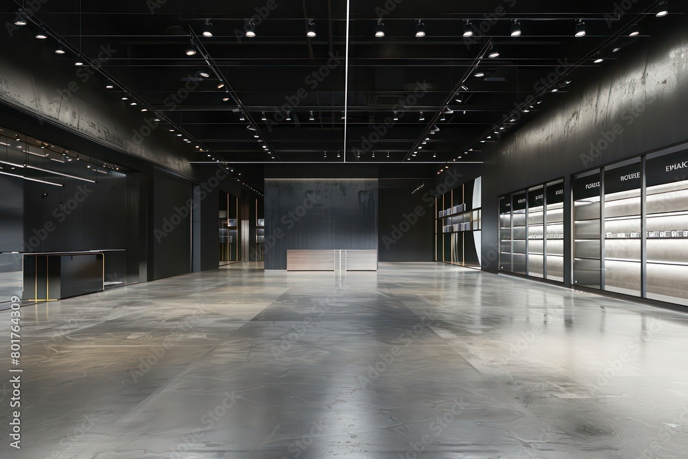 retail shop, concrete color floor, empty shop, black wall and ceiling ...