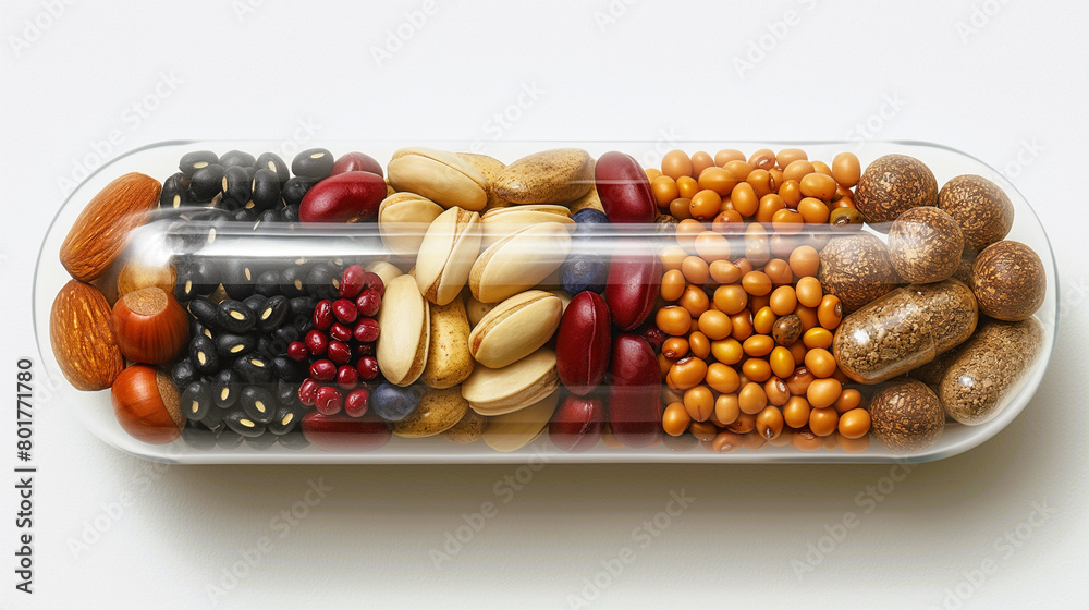 Variety of nuts and beans inside a see-through nutrient pill, depicting ...