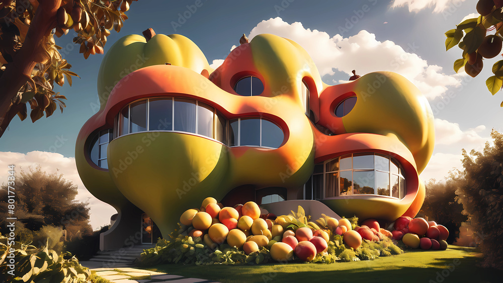 Organic fruit-shaped house embedded into the sky, architectural ...