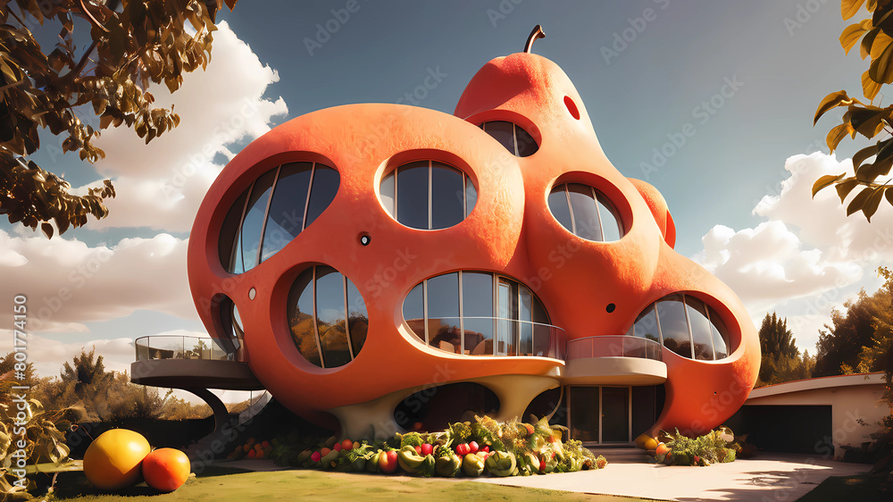 Organic fruit-shaped house embedded into the sky, architectural ...