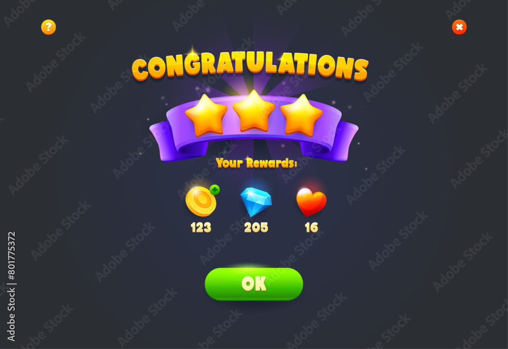Game reward screen with bonuses and assets achieved summary, vector UI ...