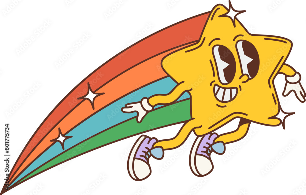 Cartoon retro shooting star groovy character. Isolated vector cute and ...