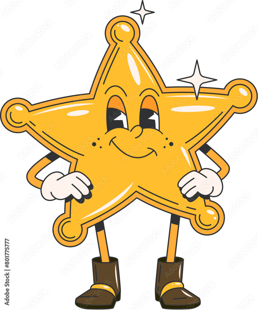 Cartoon retro groovy wild west sheriff star character gleam with ...