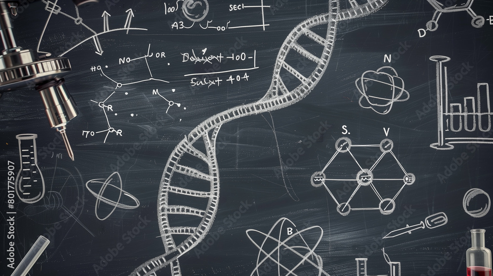 Advanced laboratory with DNA helix projection and multiple test tubes ...
