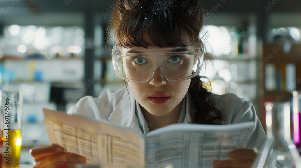 Curious young boy in lab coat analyzing scientific data in a laboratory ...