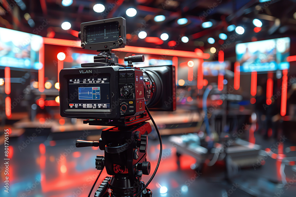 Professional video camera set up in a modern television studio with ...