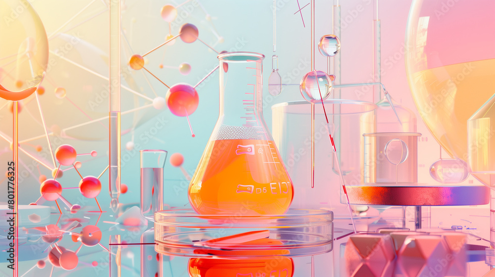 Colorful scientific setup with beakers and molecular structures in a ...