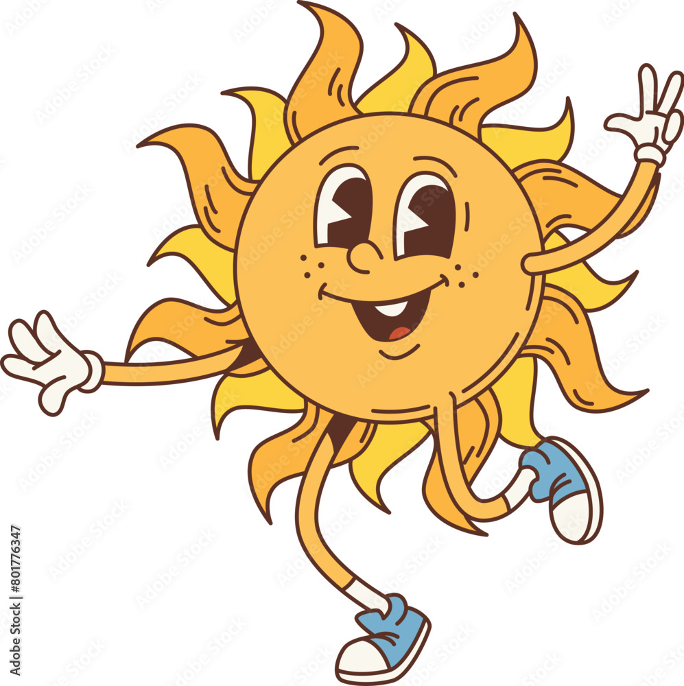 Cartoon retro sun groovy character. Psychedelic hippy summer sunshine ...