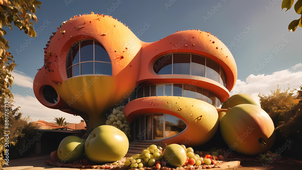 Organic fruit-shaped house embedded into the sky, architectural ...