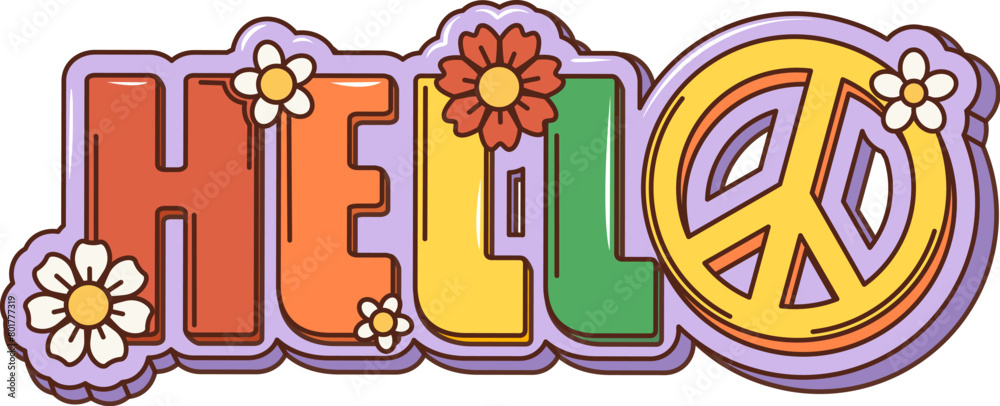Cartoon retro groovy hippie hello sign. Isolated vector vibrant ...
