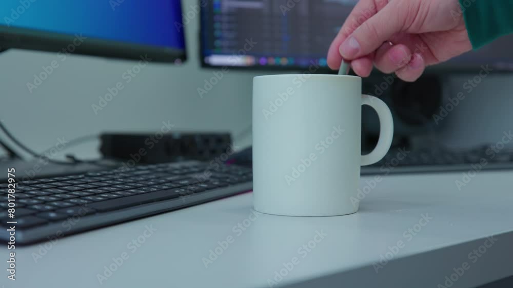 Vidéo Stock A man's hand stirring a liquid with a spoon in a white mug ...