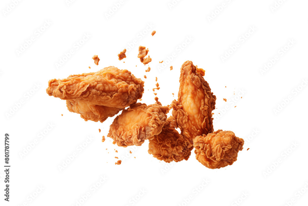 Crispy fried chicken pieces in mid-air with crumbs scattering, creating ...