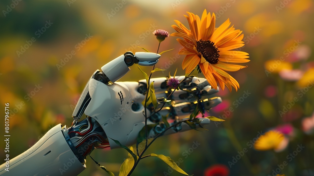 A robot hand gently touching a blooming sunflower amidst a field of ...