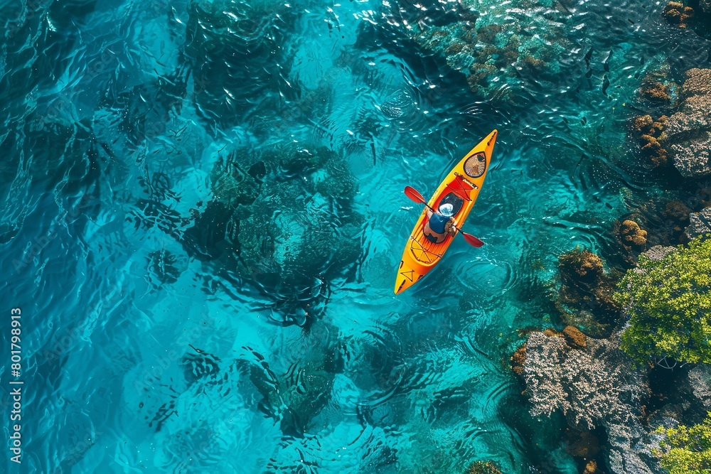 View from above of a lady circulating in a canoe over crystal-clear ...