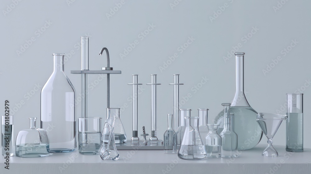 Chemical lab glasses on white table, glass vials, measuring cups, test ...