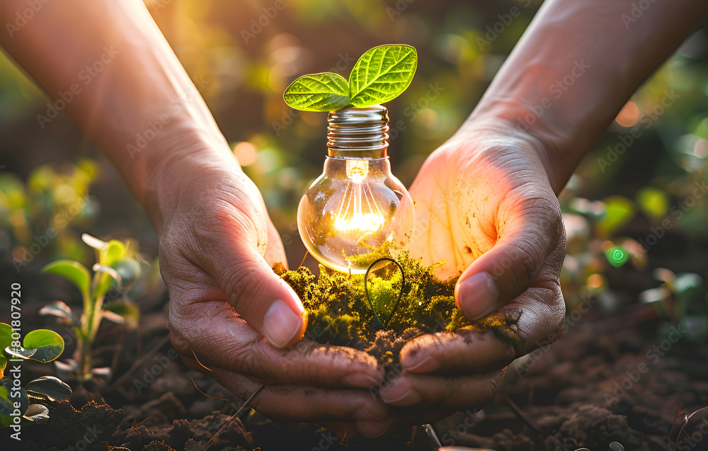 renewable energy light bulb with green energy, Earth Day or environment ...