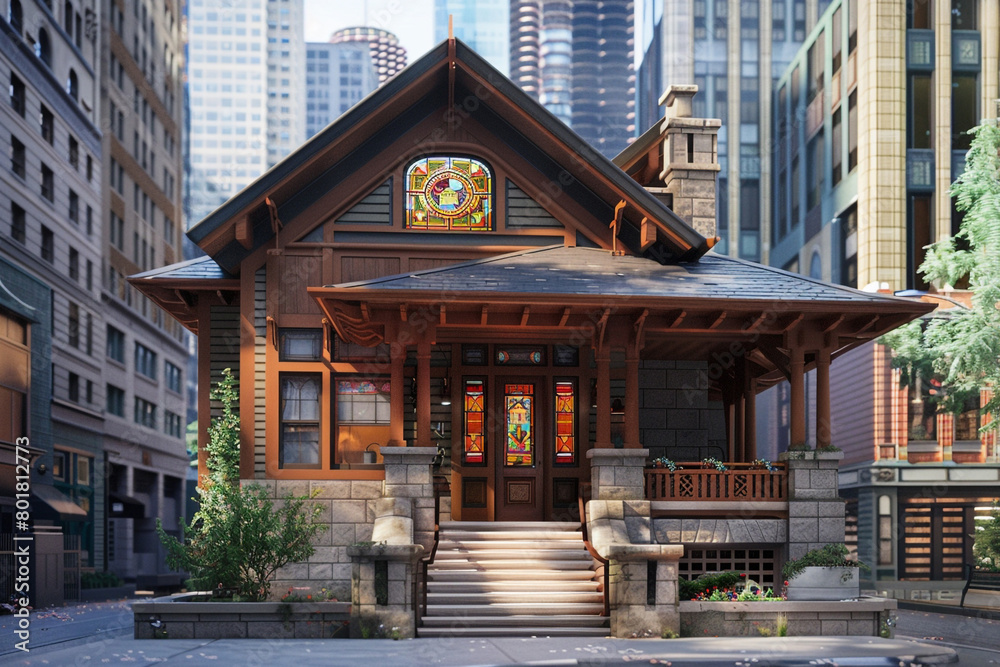 A 3D visualization of an urban Craftsman house in downtown Chicago ...