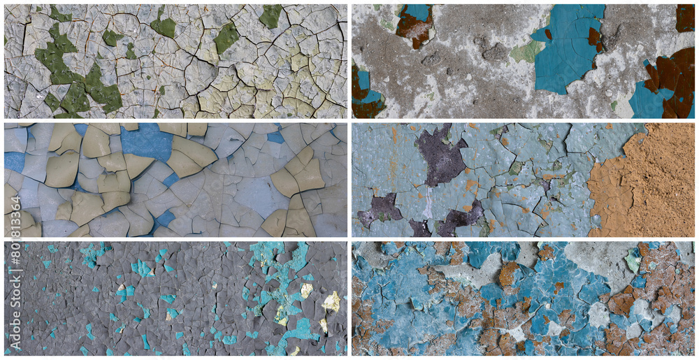 Set of peeling paint textures. Old concrete walls with cracked flaking ...
