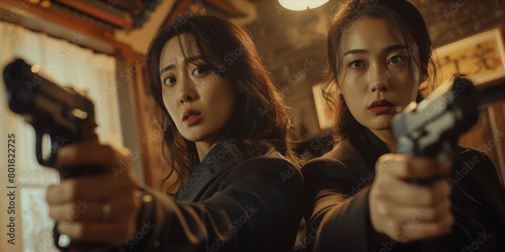 Two asian policewomen detective arriving on a crime scene in flagrante ...