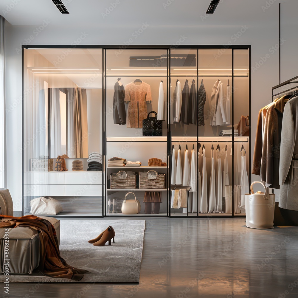 walk through closet, glass sliding doors, white closed closet Stock ...