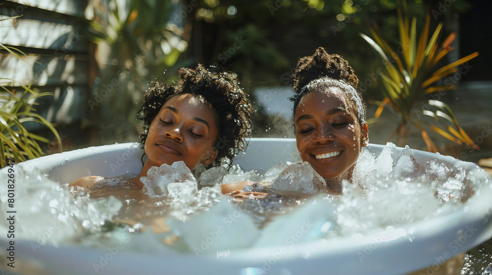 Two african-american woman ice bathing in the cold water among ice ...