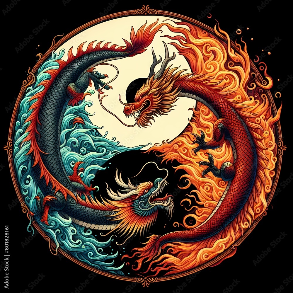 AI Generate A Fire Dragon and Water Dragon flying in circle create a ...