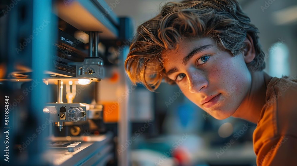Student 3D printing a prototype, classroom light, over-the-shoulder ...