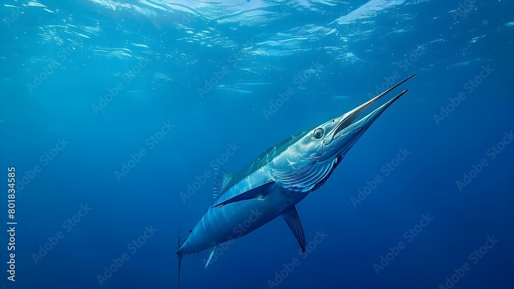 Blue marlin swimming in ocean viewed from side sport fishing scene ...