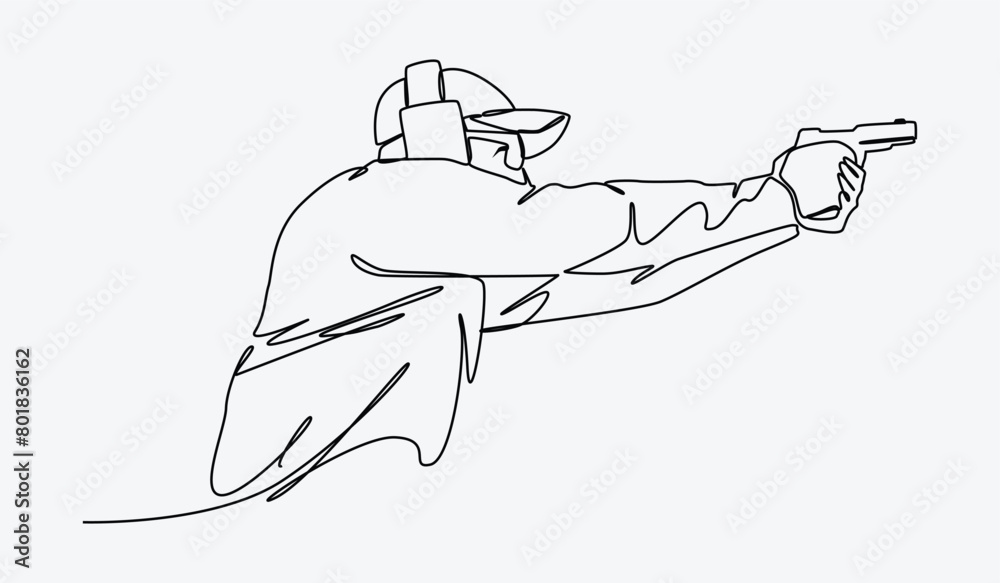 Poster Continuous one line drawing of man holding a gun and firing a ...