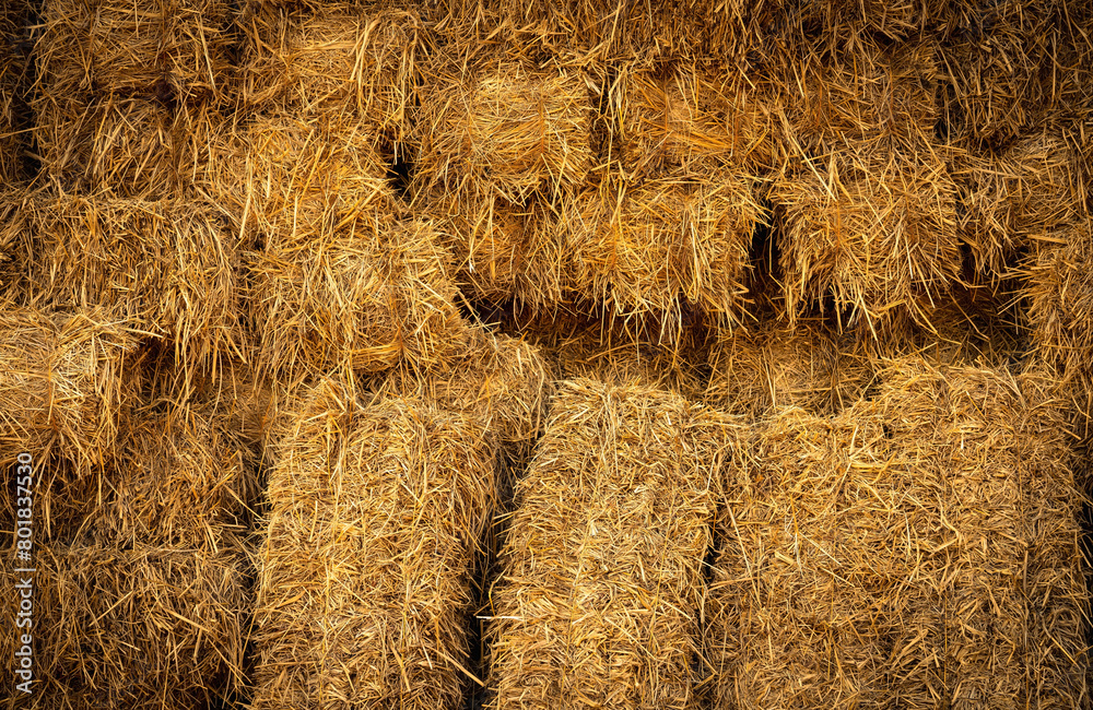 Dry straw bale and agricultural byproducts. stacked yellow straw bales ...