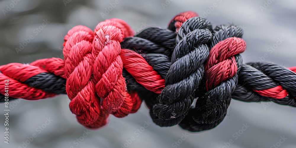 close-up image showcasing two intertwined ropes, one red and one black ...