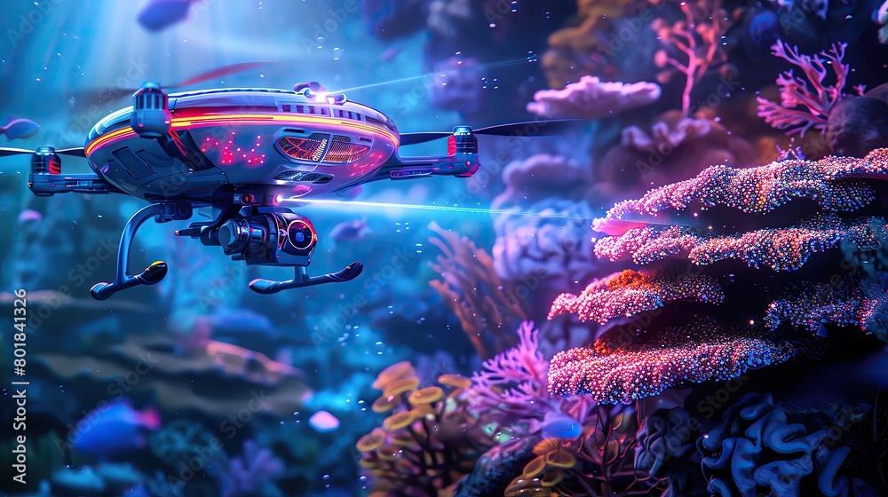 Macro view of a high tech underwater drone exploring coral reefs with a ...