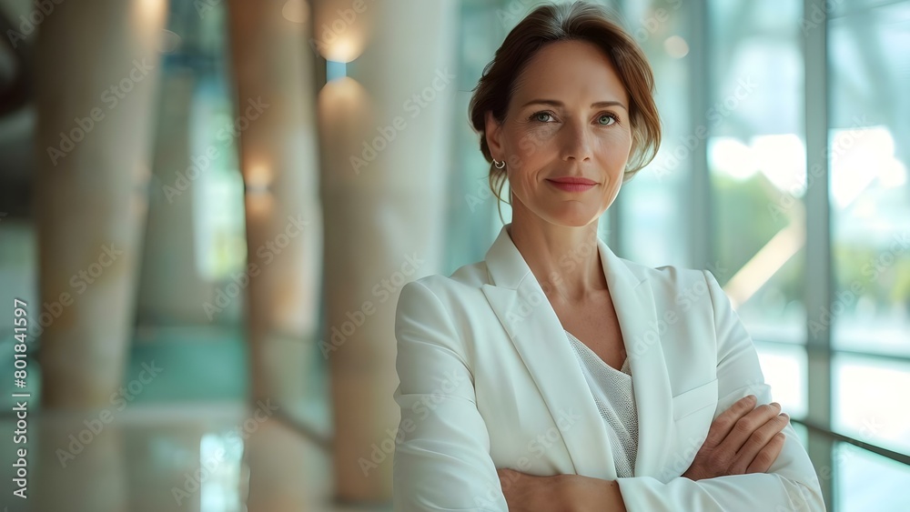 Confident middleaged businesswoman CEO in white suit standing with arms ...