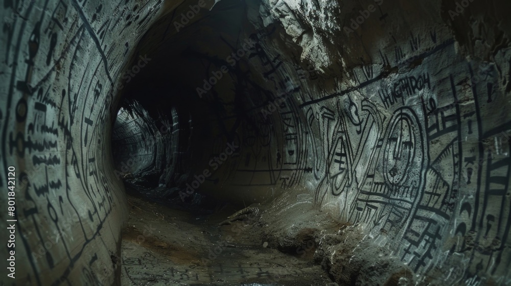 The winding tunnels of the deep caves are lined with primitive drawings ...