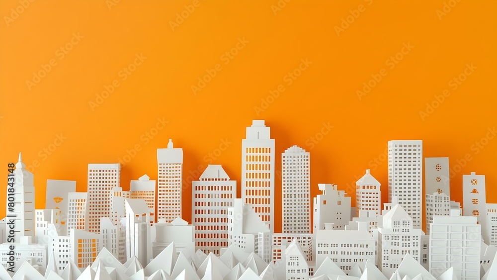 3D papercraft city model with intricate white buildings against vibrant ...