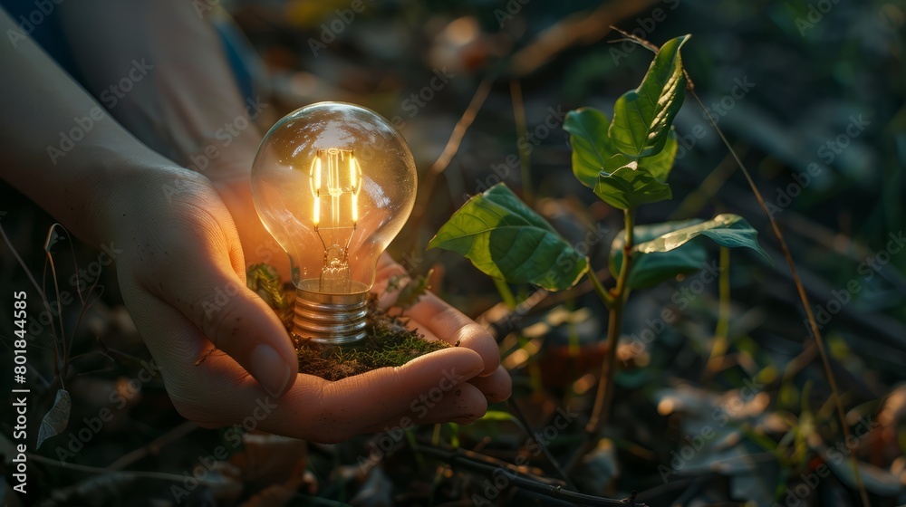 renewable energy light bulb with green energy, Earth Day or environment ...