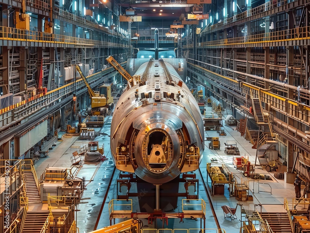 Inside a submarine construction facility, large cranes and specialized ...