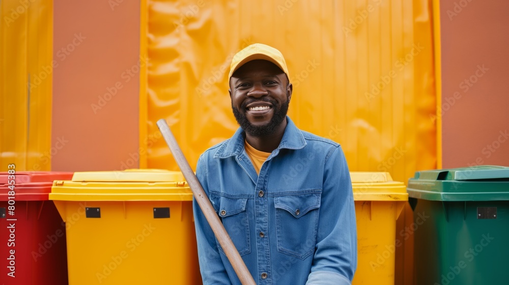 Smiling man with beard in yellow cap and blue jacket standing before ...