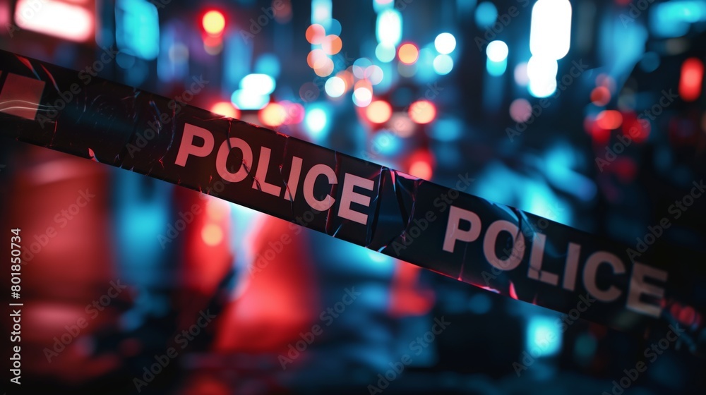 Police tap close up next to crime scene at night city street neon ...